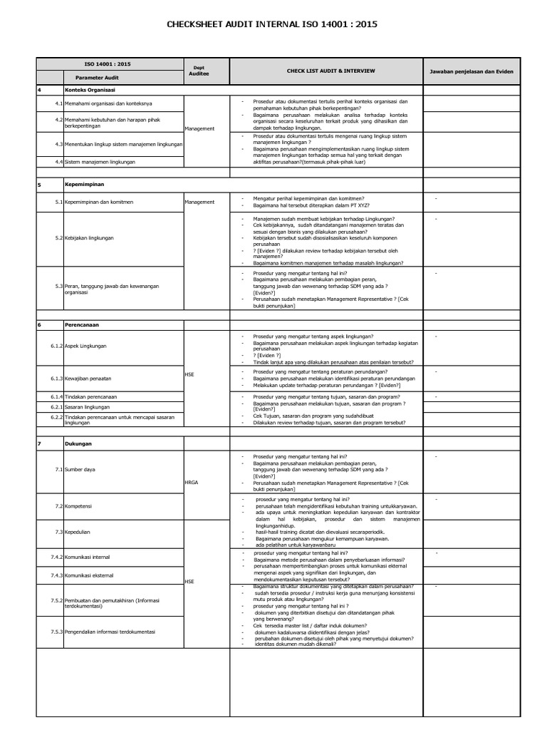 Checklist - ISO - 14001 - 2015 Blank | PDF