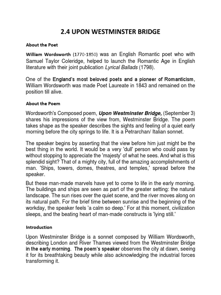 Appreciation of "Upon Westminster Bridge" | PDF | William Wordsworth ...
