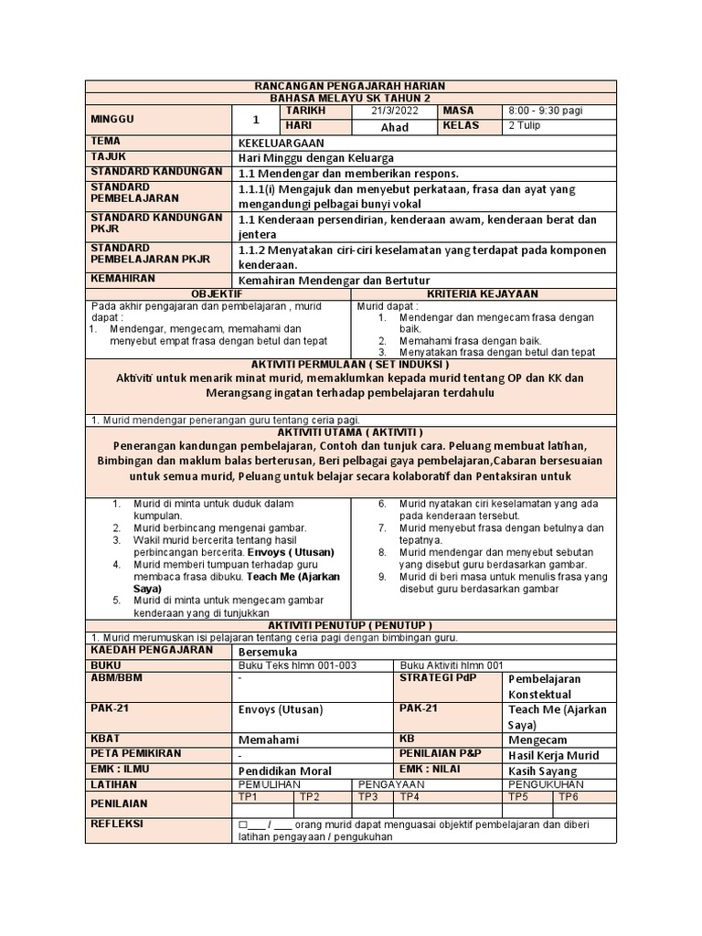 RPH MINGGU 1 BM THN 2 BY CIKGU GORGEOUS | PDF