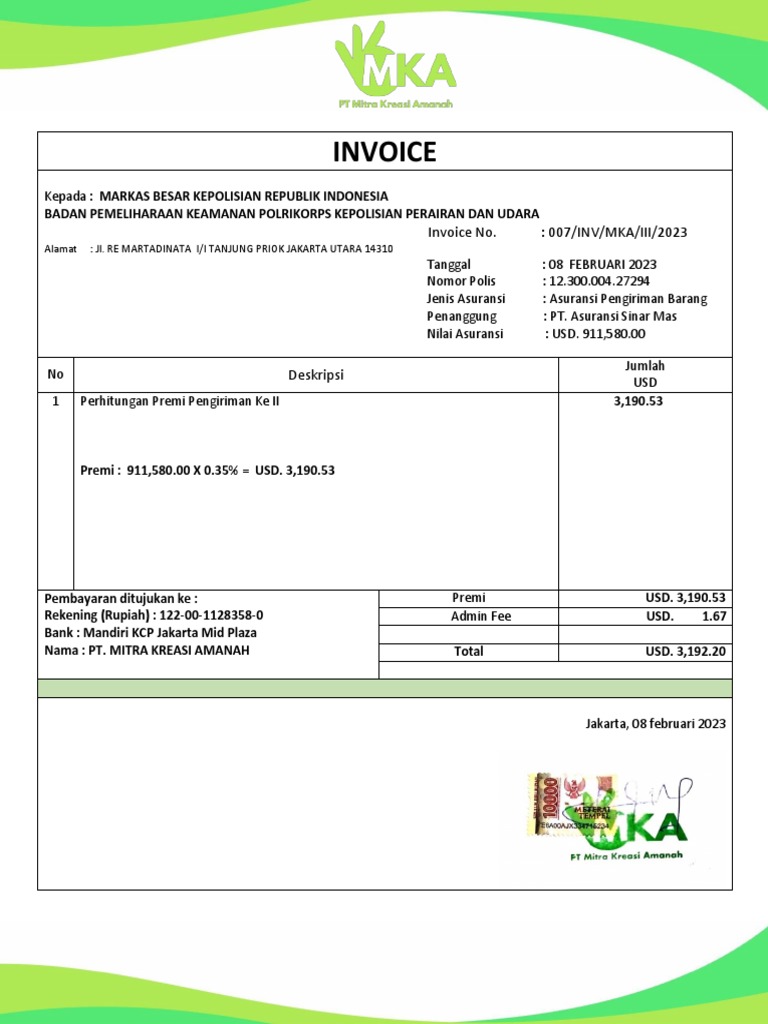 Invoice Asuransi Cargo PT Rukun | PDF