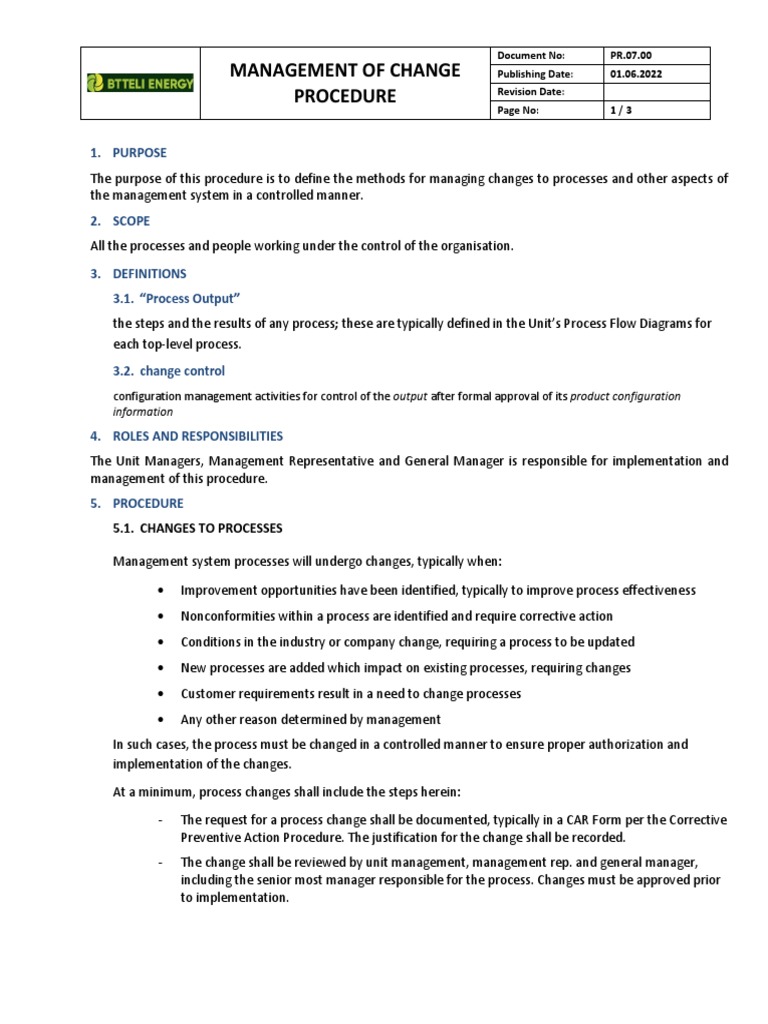 ISO 9001 Management of Change Procedure | PDF | Iso 9000 | Business