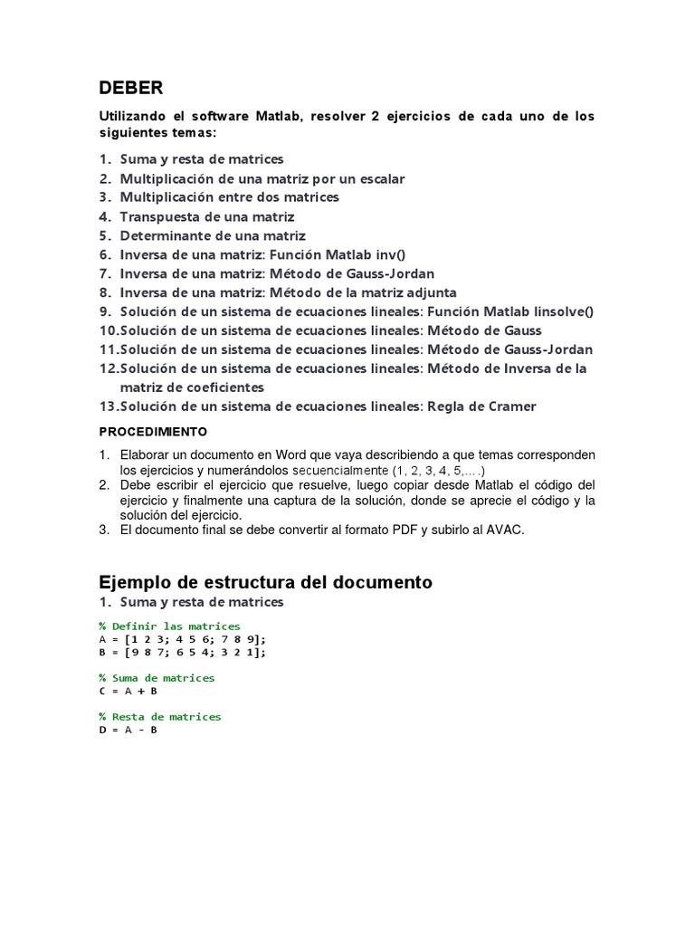 Deber Al Matlab 1 Parcial | PDF | Determinante | Sistema de ecuaciones lineales