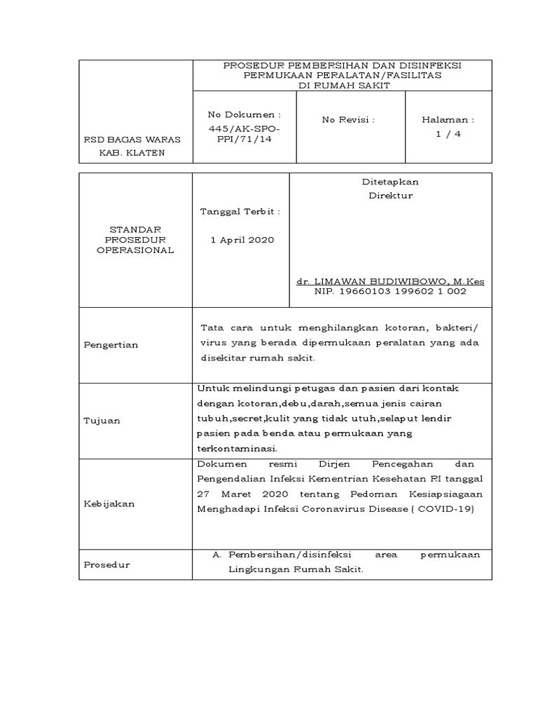 12 13 SPO Pembersihan Dan Disinfeksi Permukaan PeralatanFasilitas Di ...