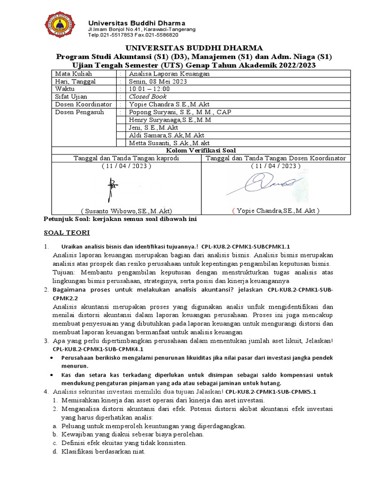 Jawab Soal Uts Analisa Laporan Keuangan - Ubd - 2022-2023 - 2 | PDF