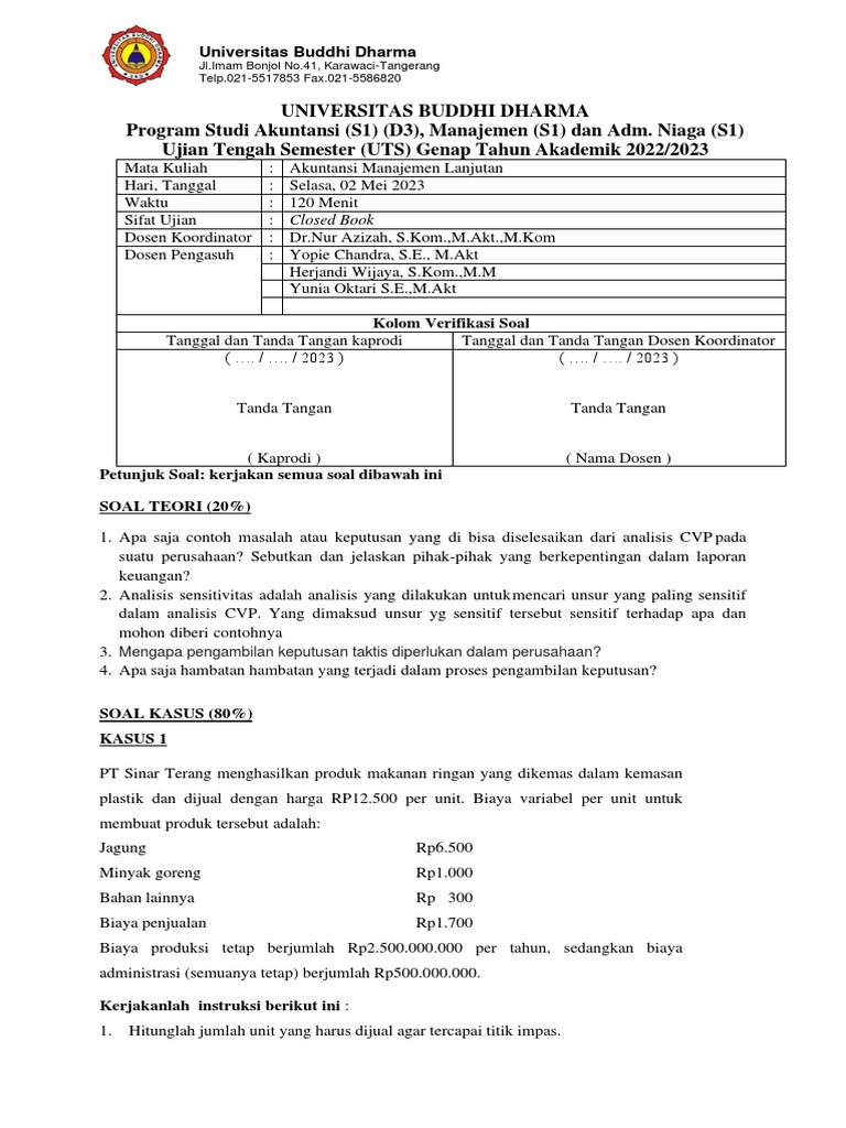 Soal Uts Akuntansi Manajemen Lanjutan - Ubd - 2022-2023 - 2 | PDF