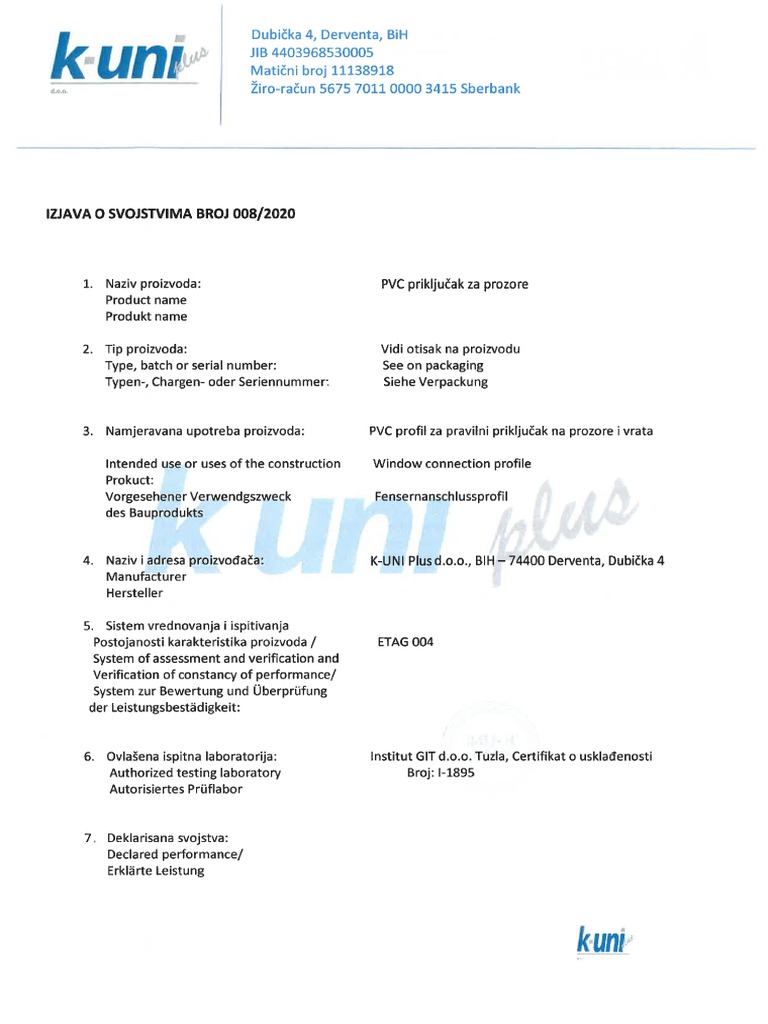 IZJAVA O SVOJSTVIMA _8_PRIKLJUČAK ZA PROZORE_GIT[21058] | PDF