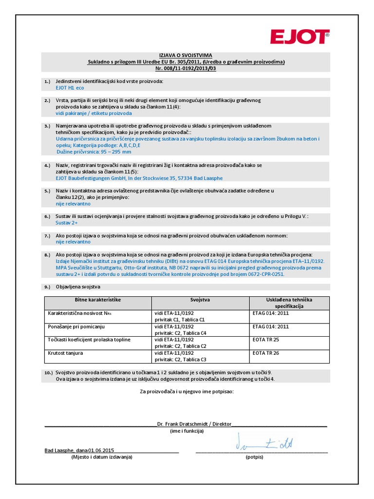 IZJAVA O SVOJSTVIMA - EJOT H1 Eco - DoP - ETA-11-0192 - 150601 | PDF