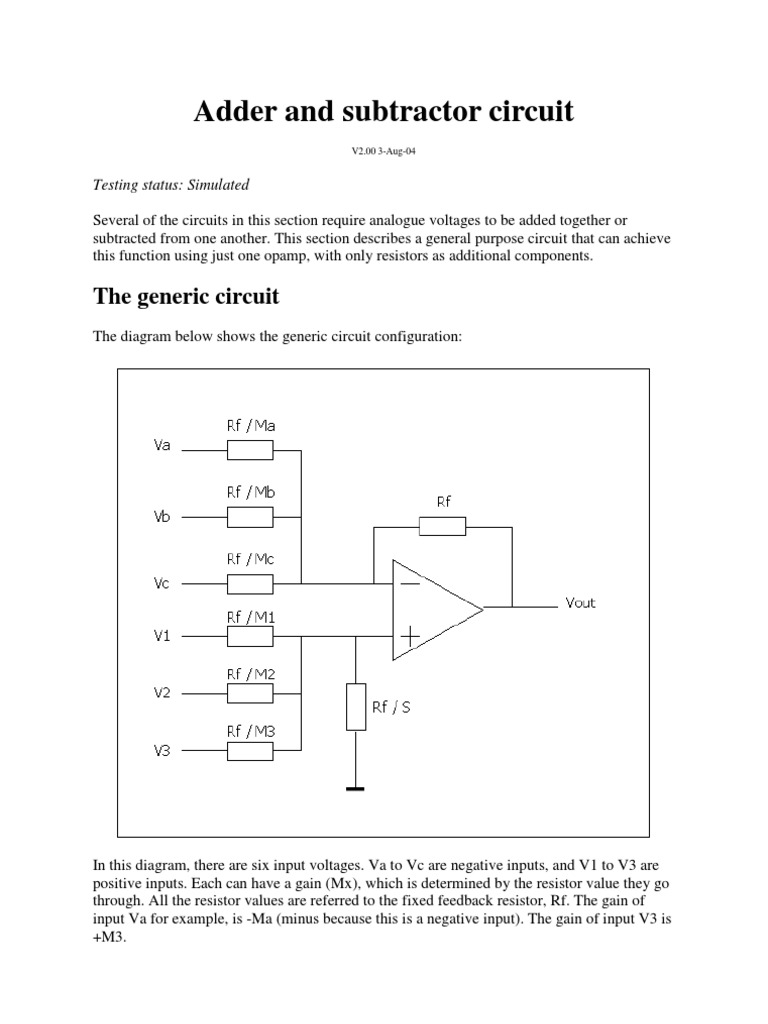 Adder and Subtract Or Circuit | Operational Amplifier | Resistor | Free ...