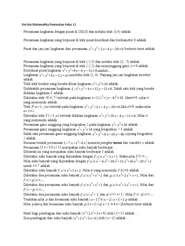 Kisi-Kisi XI MIPA Matem Peminat | PDF | Metode & Bahan Ajar