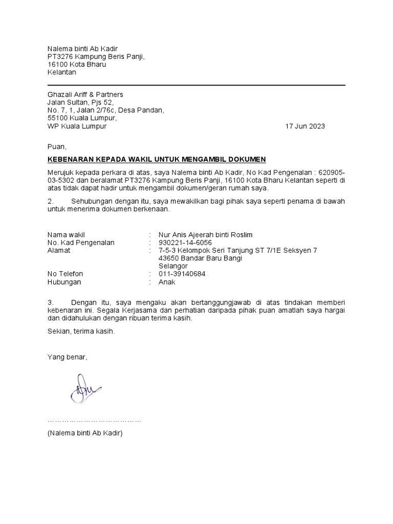 Contoh Surat Wakil JPJ | PDF