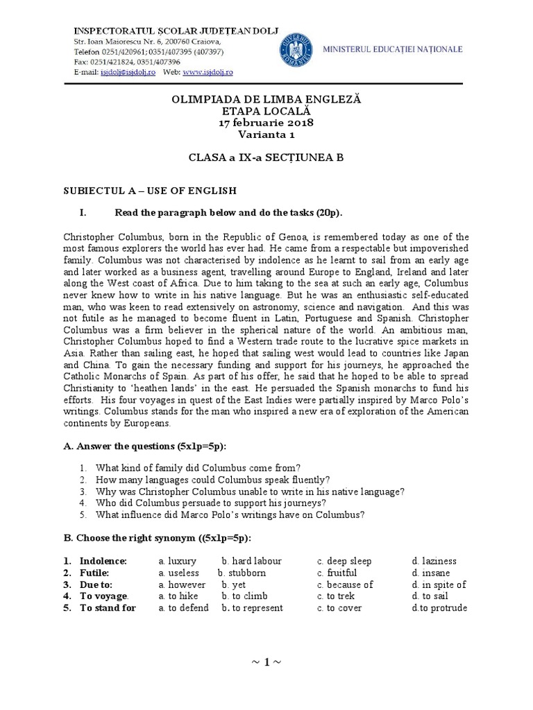 9 B Subiect | PDF | Christopher Columbus | Voyages Of Christopher Columbus