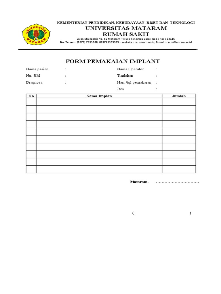 Formulir Pemakaian Implan RS Universitas Mataram | PDF