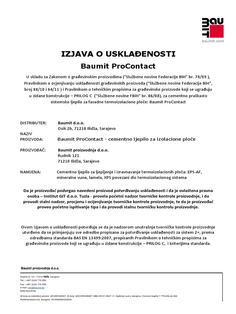 Izjava o Usklađenosti ProContact | PDF