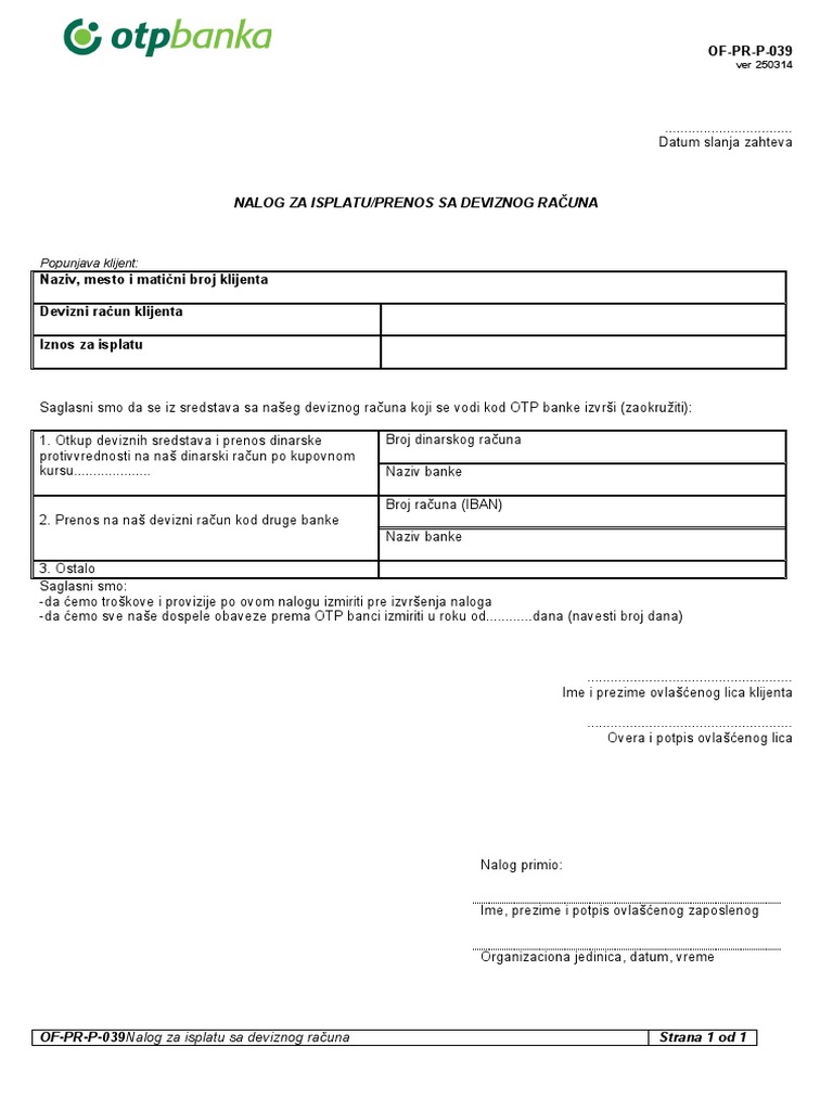 Nalog Za Isplatu Sa Deviznog Racuna 2014-1 | PDF