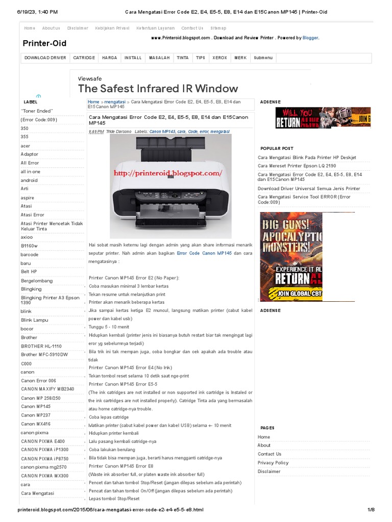 Cara Mengatasi Error Code E2, E4, E5-5, E8, E14 Dan E15Canon MP145 ...
