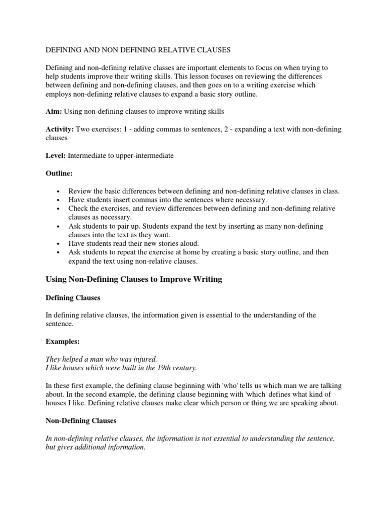 Defining and Non Defining Relative Clauses | PDF | Sentence ...
