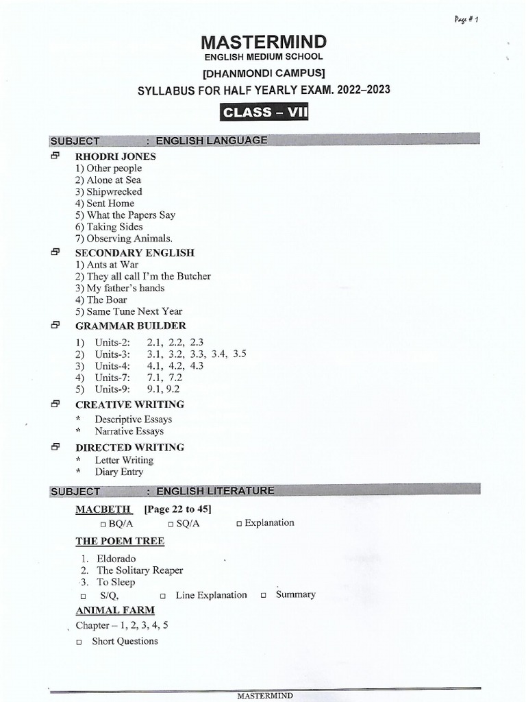 Class Vii Half Yearly Exam Syllabus Dhanmondi | PDF