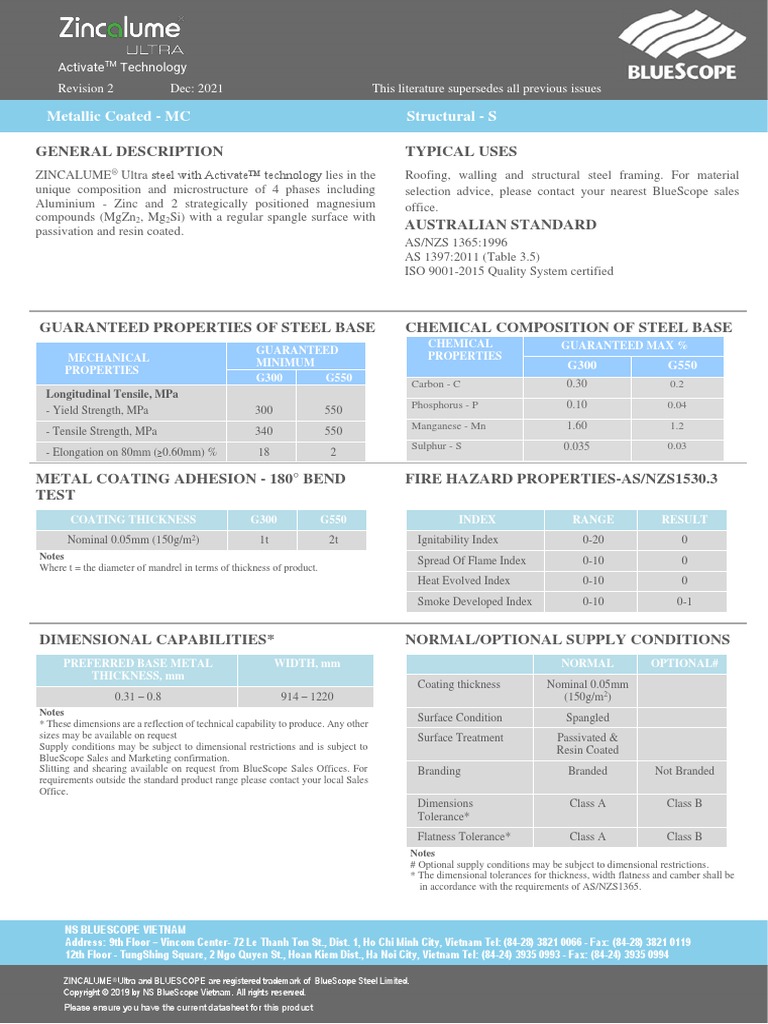 Zincalume Ultra Activate Technical Data Sheet Rev2 151221 | PDF | Steel ...