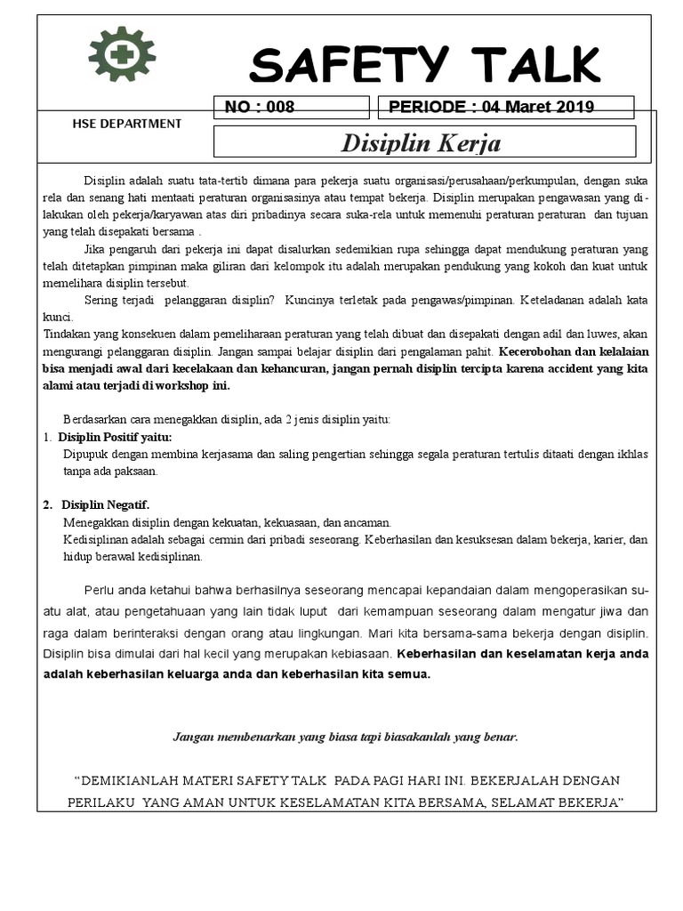 ST. 008 Disiplin Kerja (General Safety Talk) | PDF