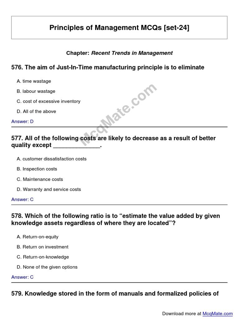 Management Principles MCQs Set 24 | PDF | Outsourcing | E Commerce