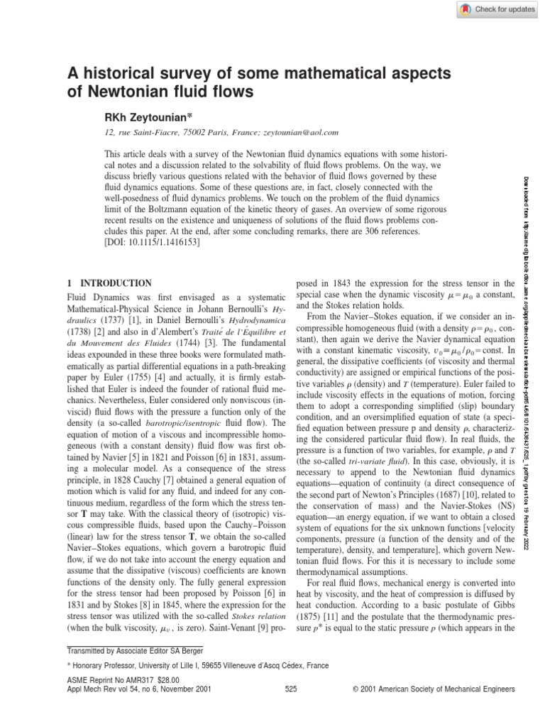 A Historical Survey of Some Mathematical Aspects of Newtonian Fluid Flows | PDF | Fluid Dynamics ...