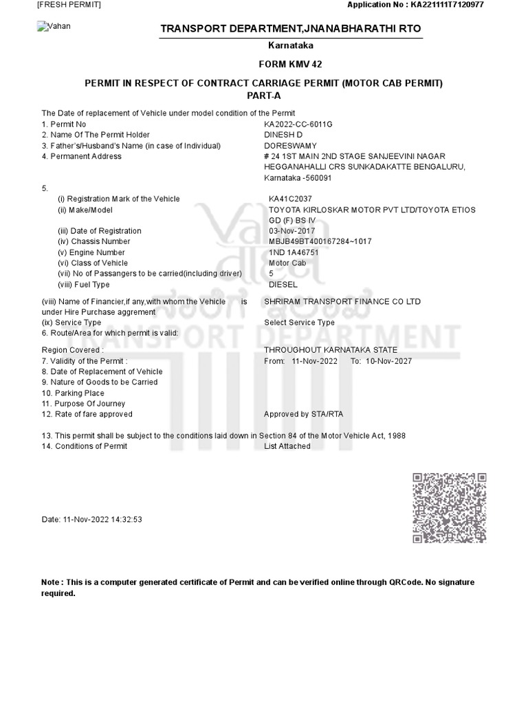 Karnataka Contract Carriage Permit | PDF | Technology & Engineering