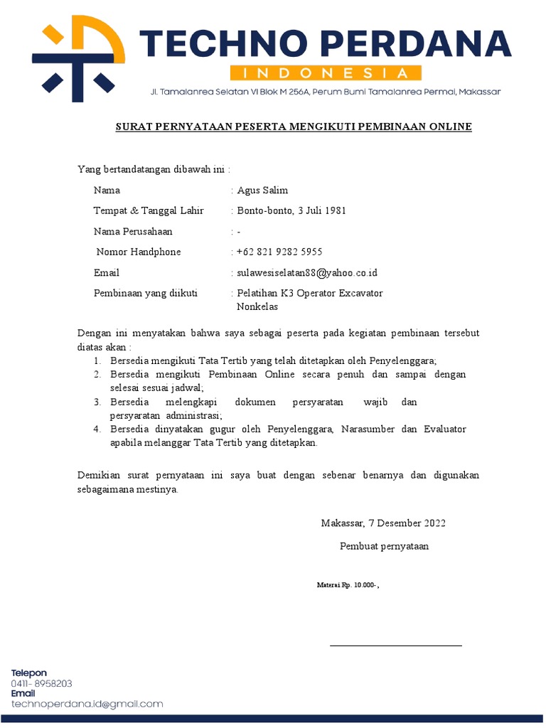 Surat Pernyataan Peserta Mengikuti Pembinaan Online K3 Excavator | PDF Surat Pernyataan Peserta Mengikuti Pembinaan Online K3 Excavator | PDF