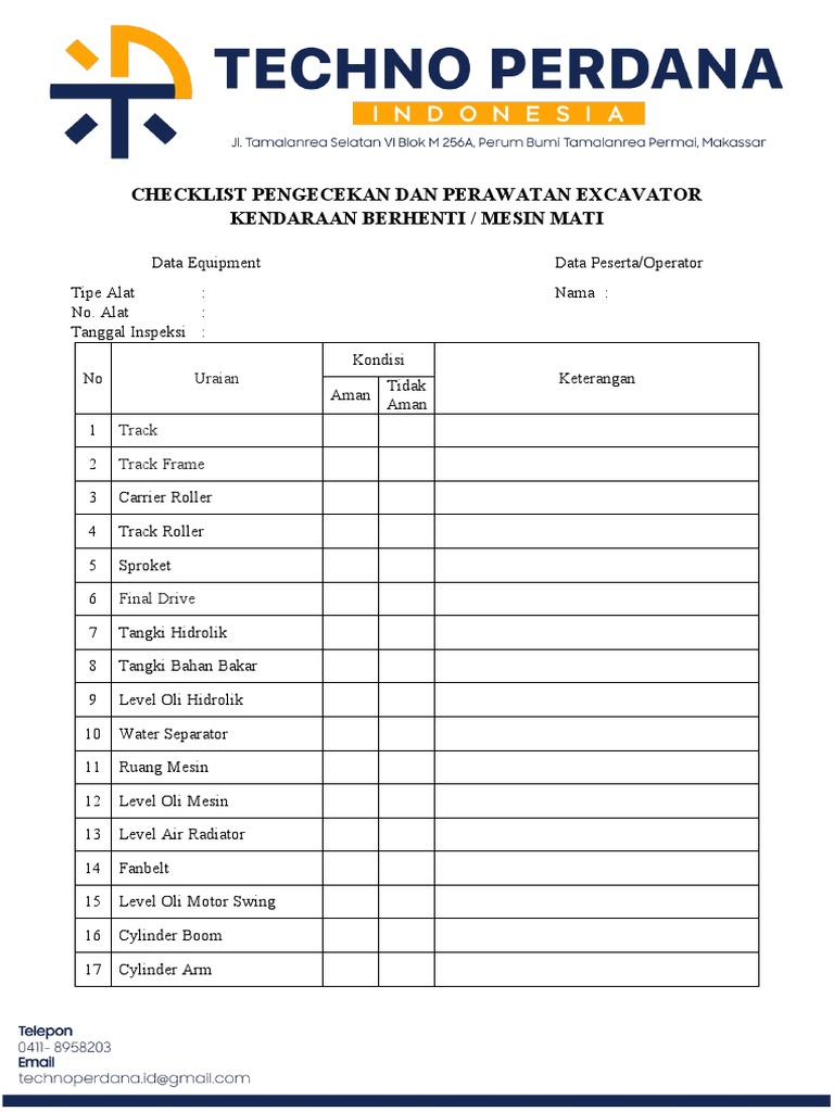 Checklist Perawatan Excavator Lengkap | PDF