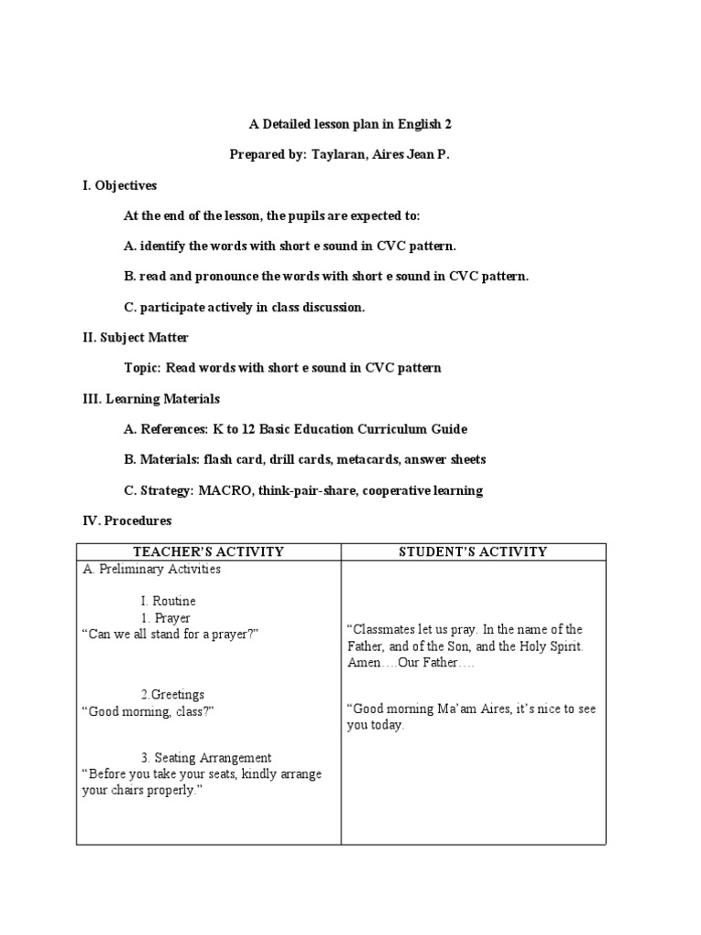 Grade 2 CVC Lesson Plan: Short E Sound | PDF | Language Arts & Discipline