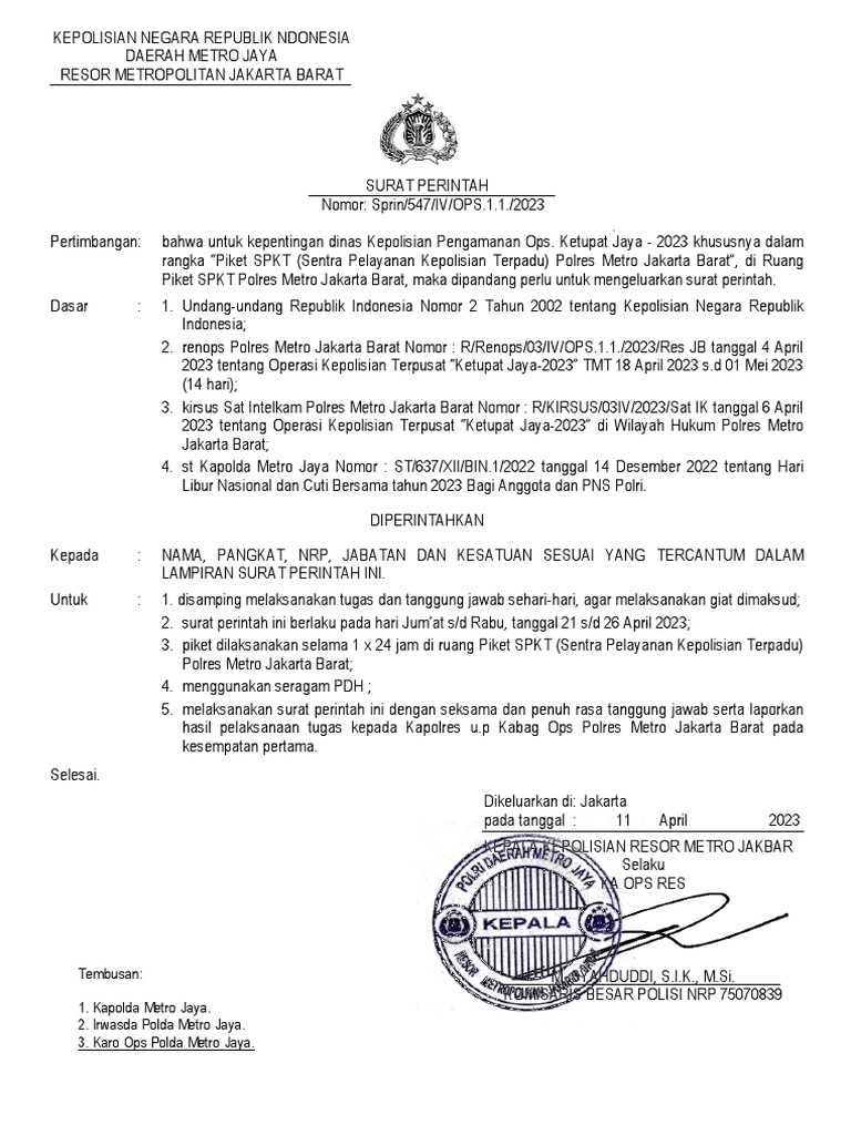 Sprin Piket SPKT Idul Fitri 1444 H | PDF