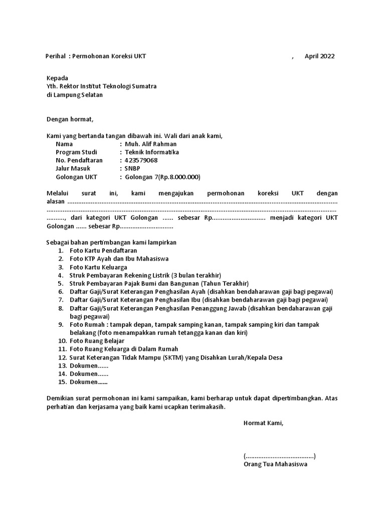 Format Surat Permohonan Koreksi UKT - Copy | PDF