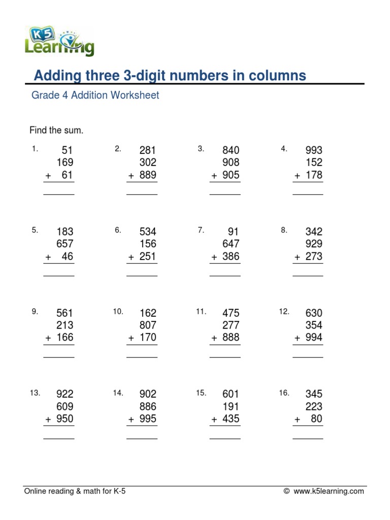 Grade 4 Add 3 3 Digit Numbers in Columns A | PDF
