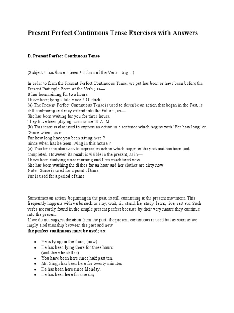 Present Perfect Continuous Tense Exercises with Answers | PDF | Perfect ...