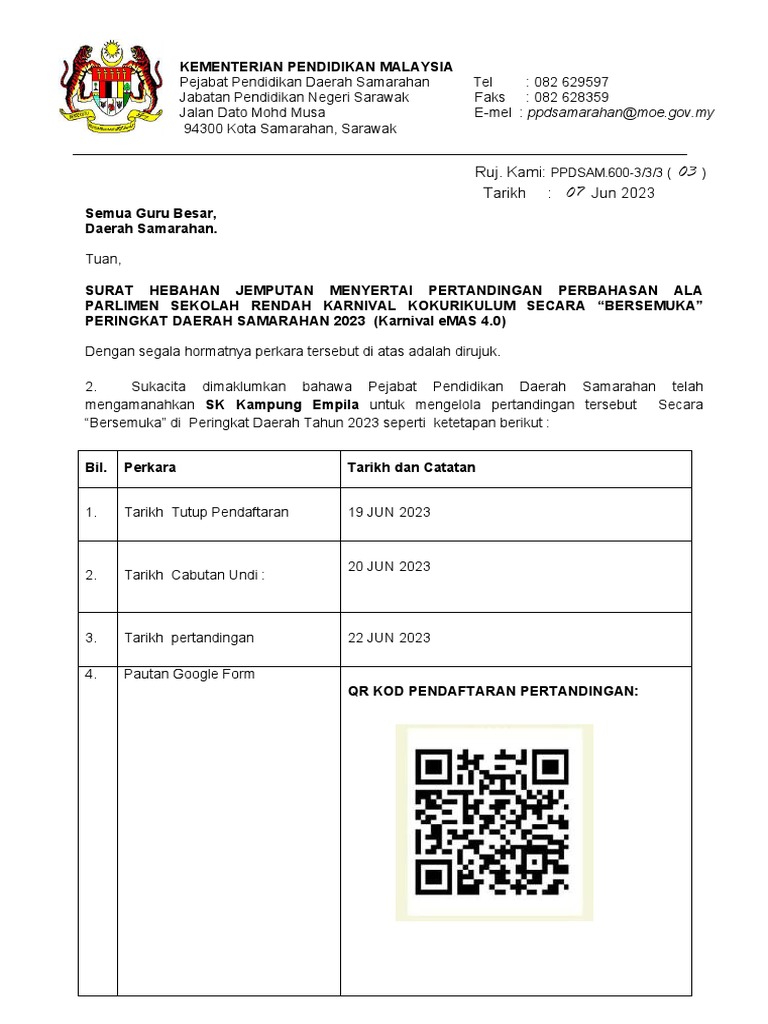 Surat Hebahan Jemputan Pertandingan Bahas Ala Parlimen SR Emas 4.0 2023 ...