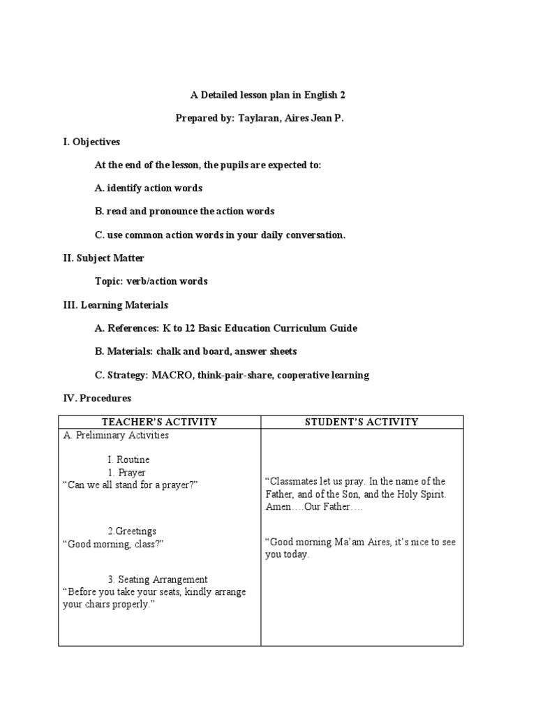 A Detailed Lesson Plan in English 2 Verb | PDF | Lesson Plan | Teachers