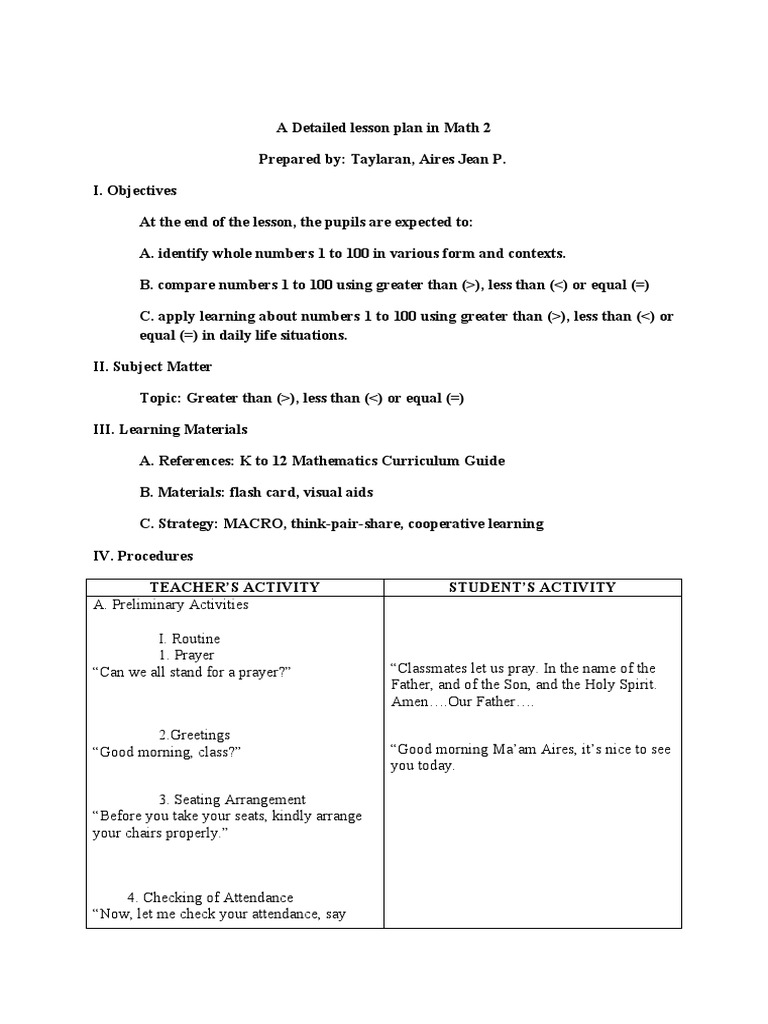 A Detailed Lesson Plan in Math Elementary 2 | PDF | Communication ...