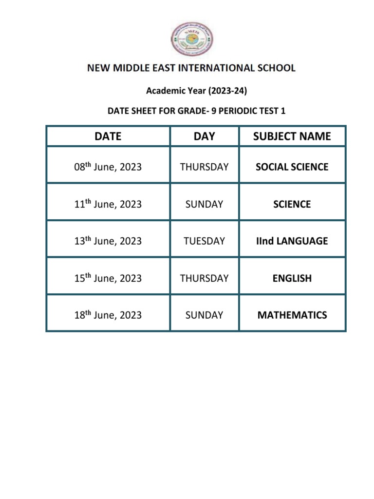 Date Sheet PT 1 Grade 9 | PDF