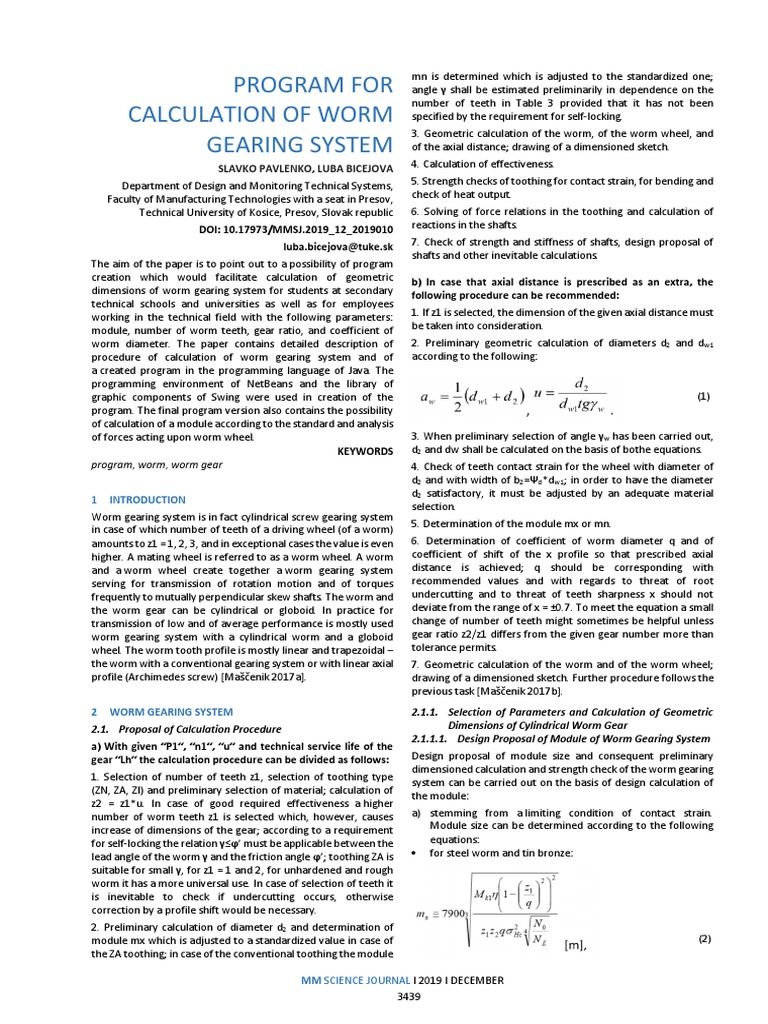 Mmscience - 2019 12 - Program For Calculation of Worm Gearing System ... Mmscience - 2019 12 - Program For Calculation of Worm Gearing System ...