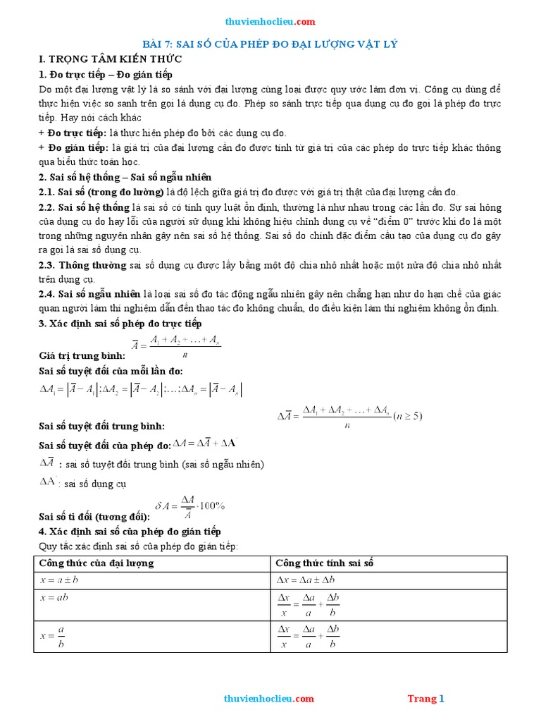 Ly Thuyet Va Trac Nghiem Sai So Cua Phep Do Vat Li | PDF