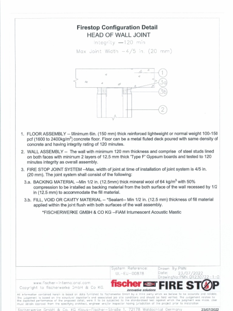 Firestop Configuration Detail - Head of Wall Joint - Fischer | PDF