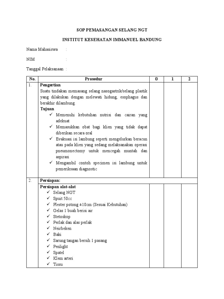 Sop Pemasangan Selang Ngt | PDF Sop Pemasangan Selang Ngt | PDF