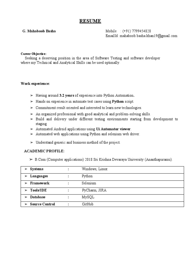 GMahaboob basha python resume | PDF