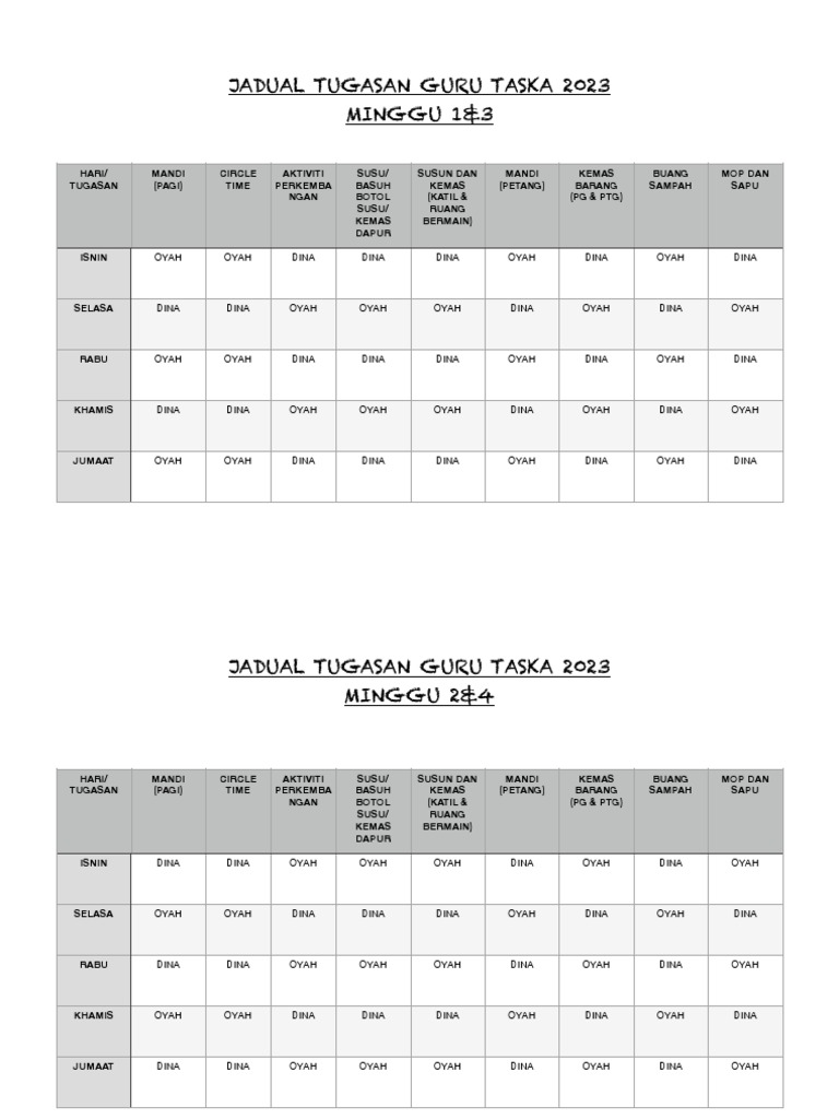Jadual Cikgu Taska (TODDLER) 2023 | PDF