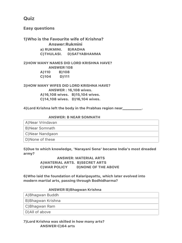 Quiz | PDF | Krishna | Hinduism