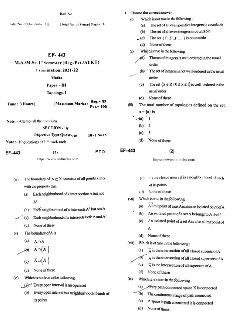 Ma Msc 1 Sem Maths Topology 1 Ef 443 2022 | PDF