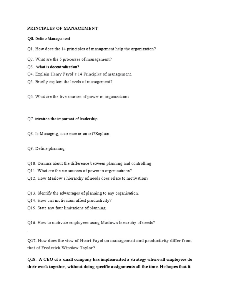 PRINCIPLES OF MANAGEMENT Model Questions - A | PDF | Motivation ...