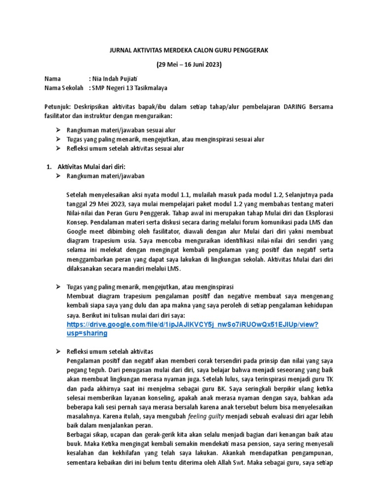 Jurnal Aktivitas Merdeka Calon Guru Penggerak - Nia Indah Pujiati - Modul 1.2 | PDF