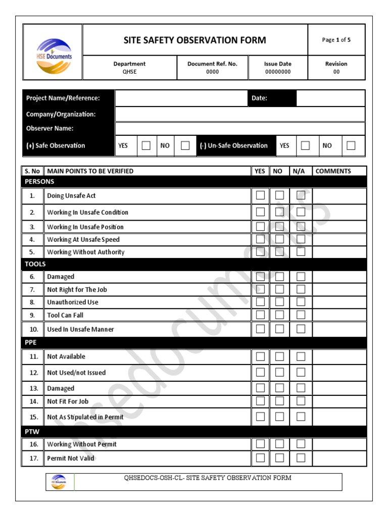 HSE Documents-Site Safety Observation Form | PDF