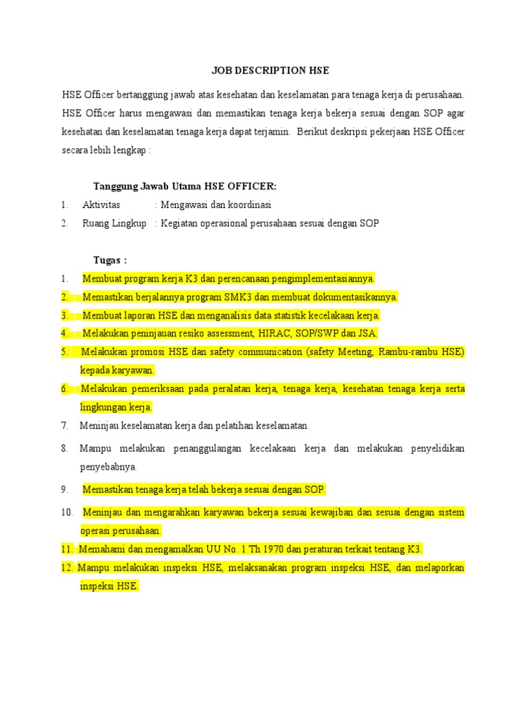 JOB DESCRIPTION HSE Ofiicer | PDF
