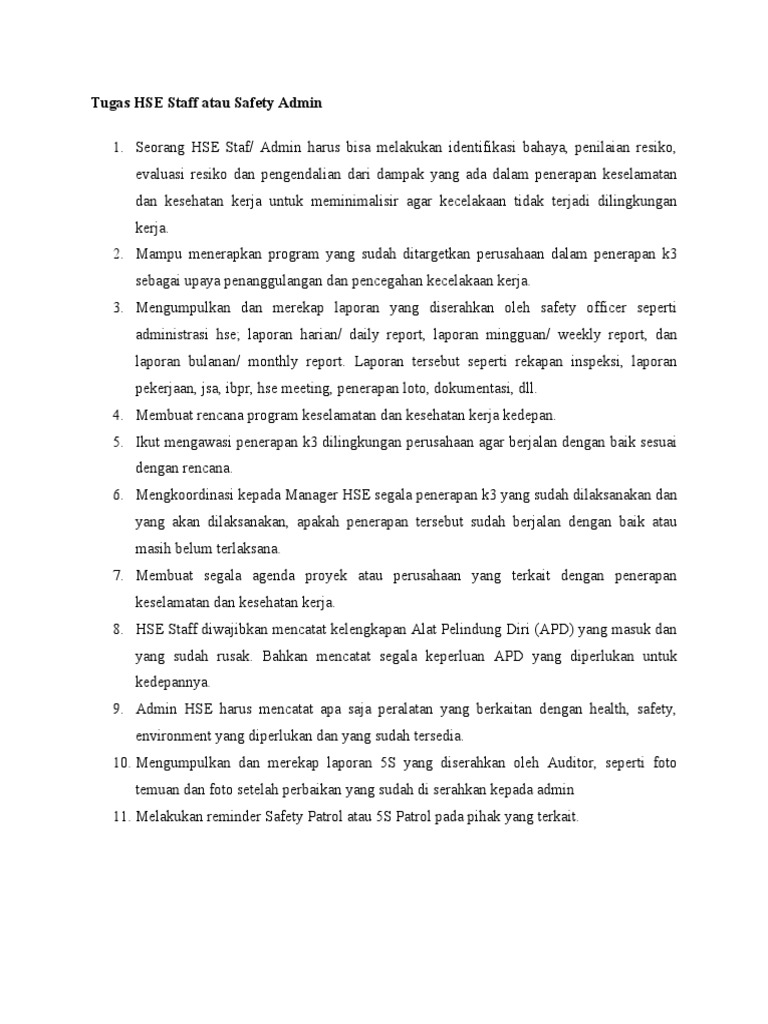 Jobdesk HSE Staff atau Safety Admin | PDF